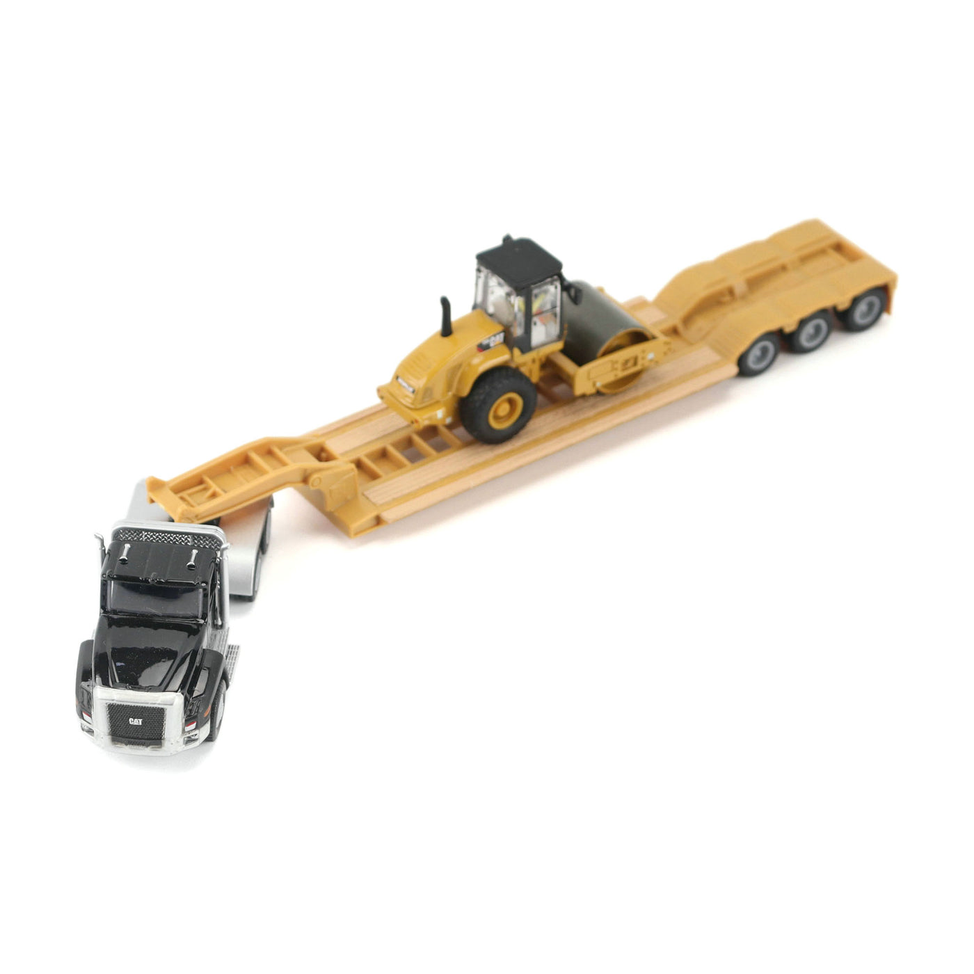 1:87 Cat Semi-Tractor with Lowboy Trailer and Cat Diecast Machines Ser ...