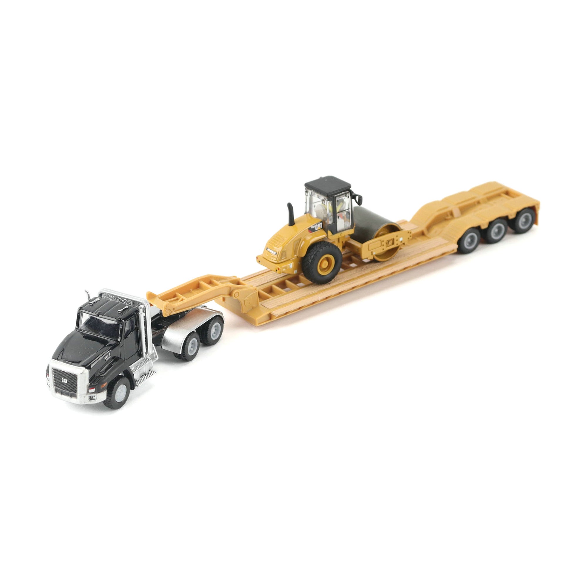 1:87 Cat Semi-Tractor with Lowboy Trailer and Cat Diecast Machines Ser ...